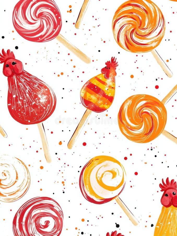 Vibrant Rooster Shaped Lollipops on a Playful Background with Ample Space for Creative Text ...
