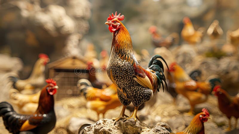A Vibrant Rooster Stands Proudly among a Flock of Chickens in a Natural ...