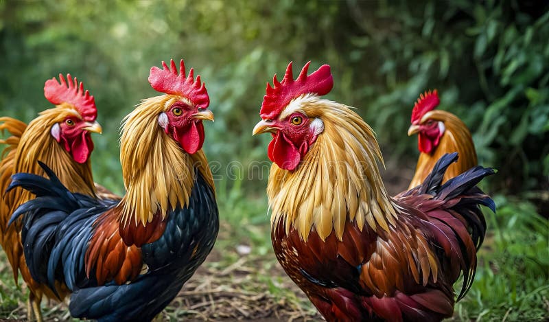 Vibrant Roosters with Bright Red Combs Standing Proud Stock ...