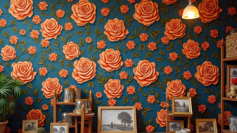 Vibrant Rose Patterned Wall with Frames and Decor in Cozy Room Setting ...