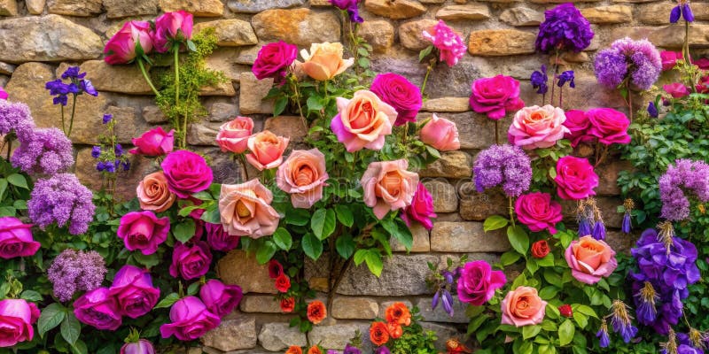 Vibrant Roses and Blossoms Adorning a Rustic Stone Wall. Generative AI ...