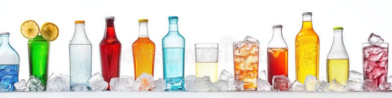 A Vibrant Row of Colorful Bottles of Soda is Sitting on Ice Now Stock ...