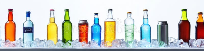 A Vibrant Row of Colorful Bottles of Soda is Sitting on Ice Now Stock ...