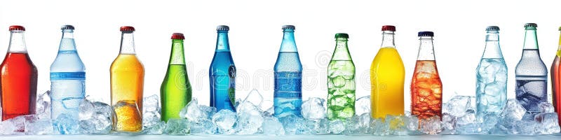 A Vibrant Row of Colorful Bottles of Soda is Sitting on Ice Now Stock ...