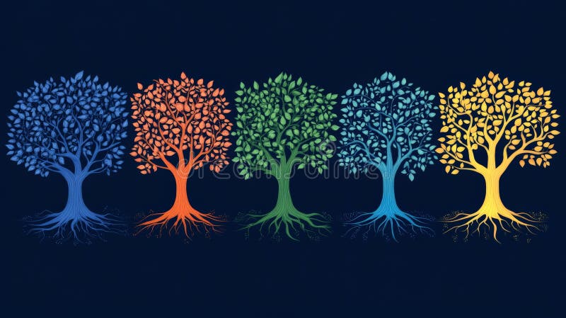 Vibrant Row of Glowing Trees in Multicolored Hues on Dark Background ...