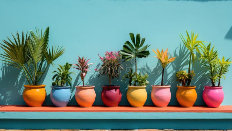 Vibrant Row of Tropical Plants in Multicolored Pots Against Blue Wall ...