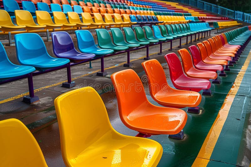 Vibrant Rows of Multi Colored Plastic Seats Fill the Stadium Grandstand ...