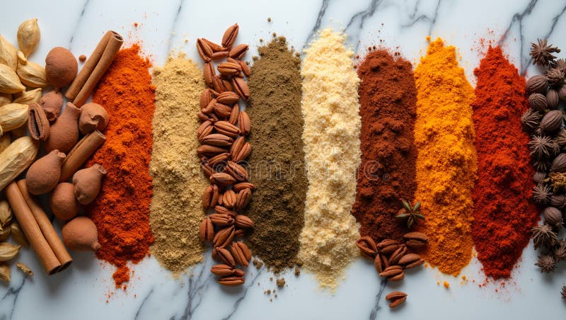 Vibrant Rows of Whole and Ground Spices on Marble Backdrop Stock ...