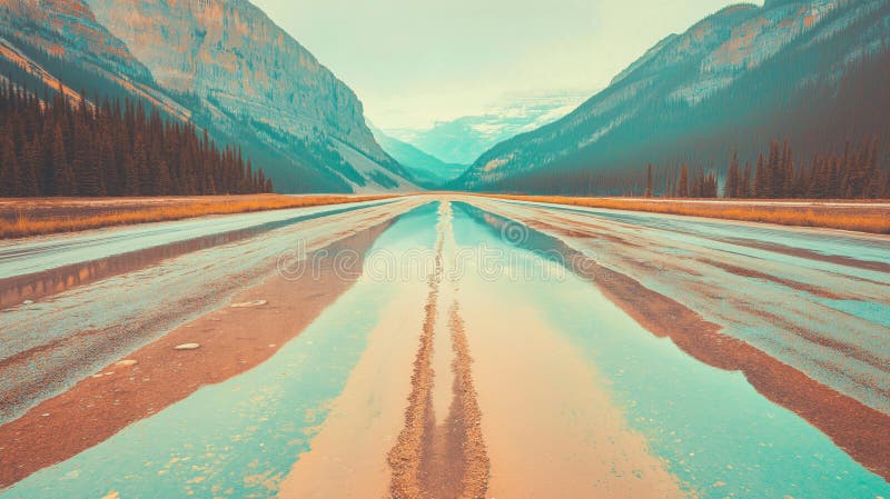 Vibrant Rural Road Reflection with Mountain Backdrop at Sunrise Stock ...