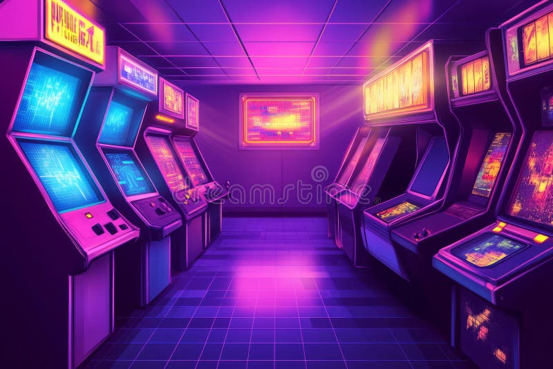 A Vibrant 90s Arcade Background with Neon Lights, CRT Screen ...