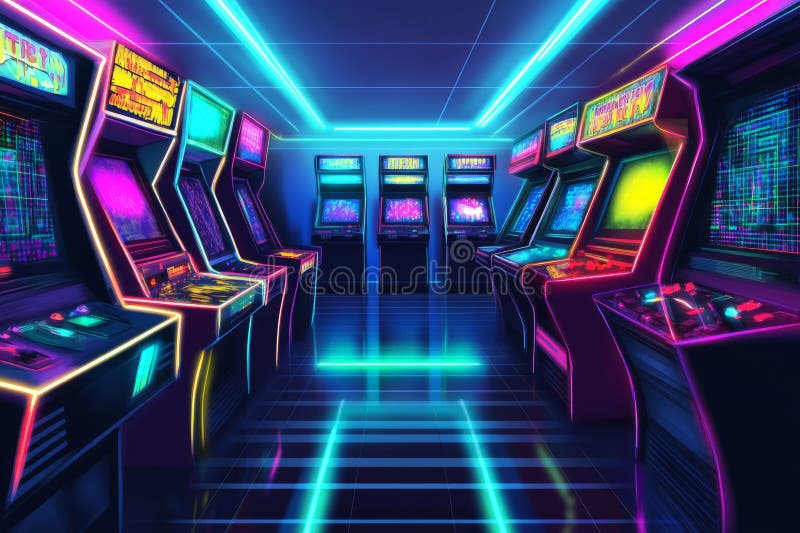 A Vibrant 90s Arcade Background with Neon Lights, CRT Screen ...