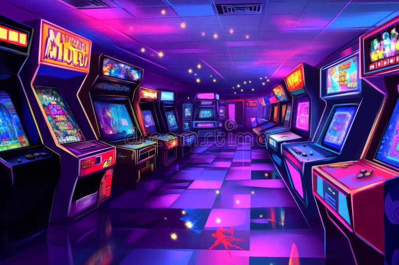 A Vibrant 90s Arcade Background with Neon Lights, CRT Screen ...