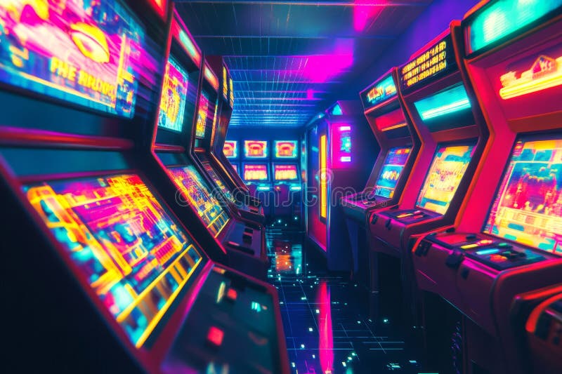A Vibrant 90s Arcade Background with Neon Lights, CRT Screen ...