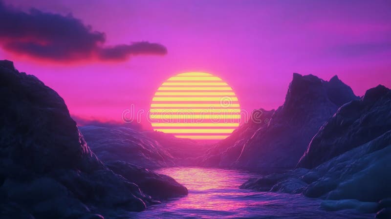 A Vibrant 80s Inspired Sunset Over a Synthwave Landscape with Neon ...