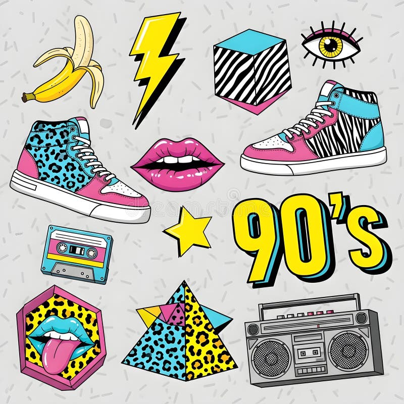 Vibrant 90s Pop Art Style Illustration with Retro Objects and Bold ...