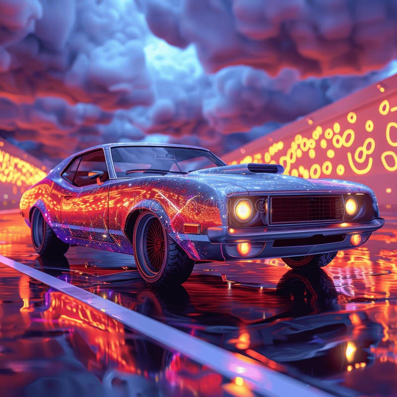 Vibrant 90s Psychedelic Car on Surreal Fantasy Background Stock ...