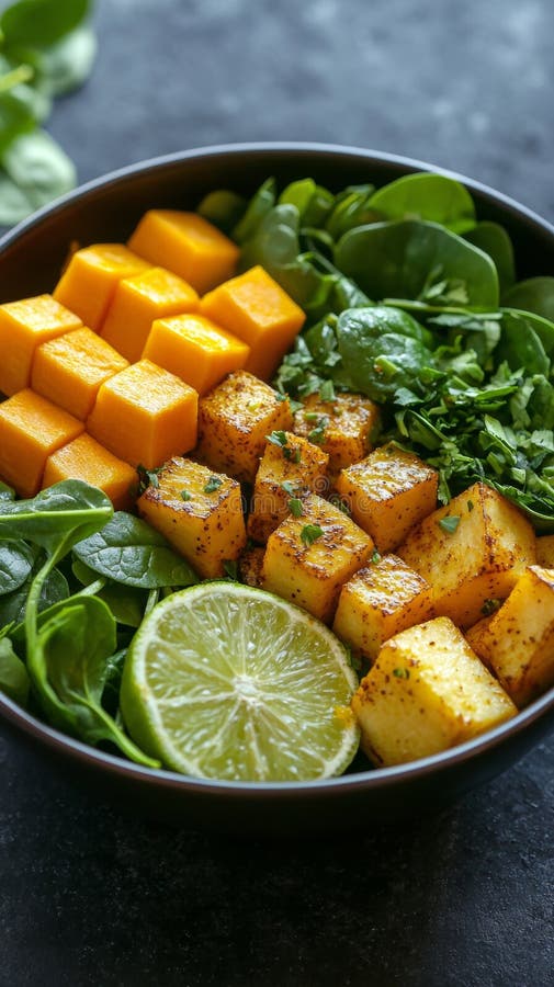 Fresh Mango and Spinach Salad Served in a Black Bowl with Lime on a ...