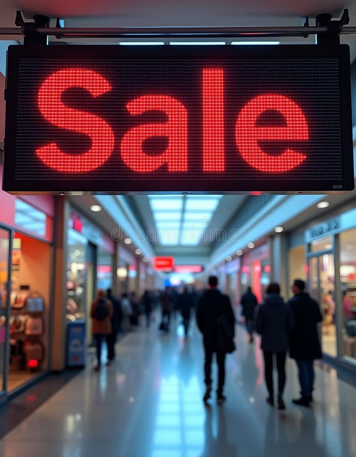 Vibrant Sale Sign with Bustling Mall Backdrop Stock Illustration ...