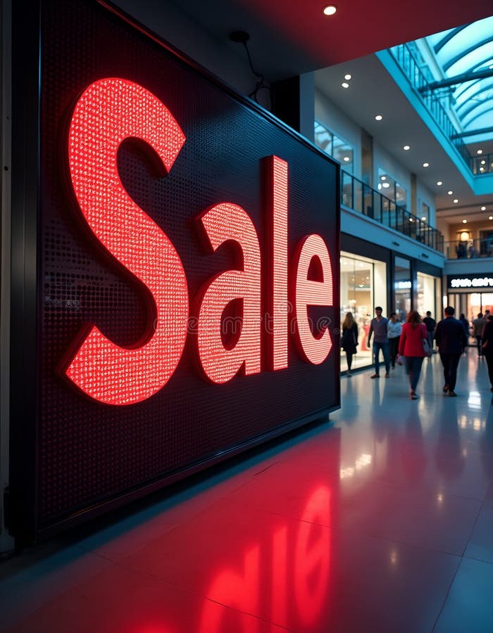 Vibrant Sale Sign with Bustling Mall Backdrop Stock Illustration ...