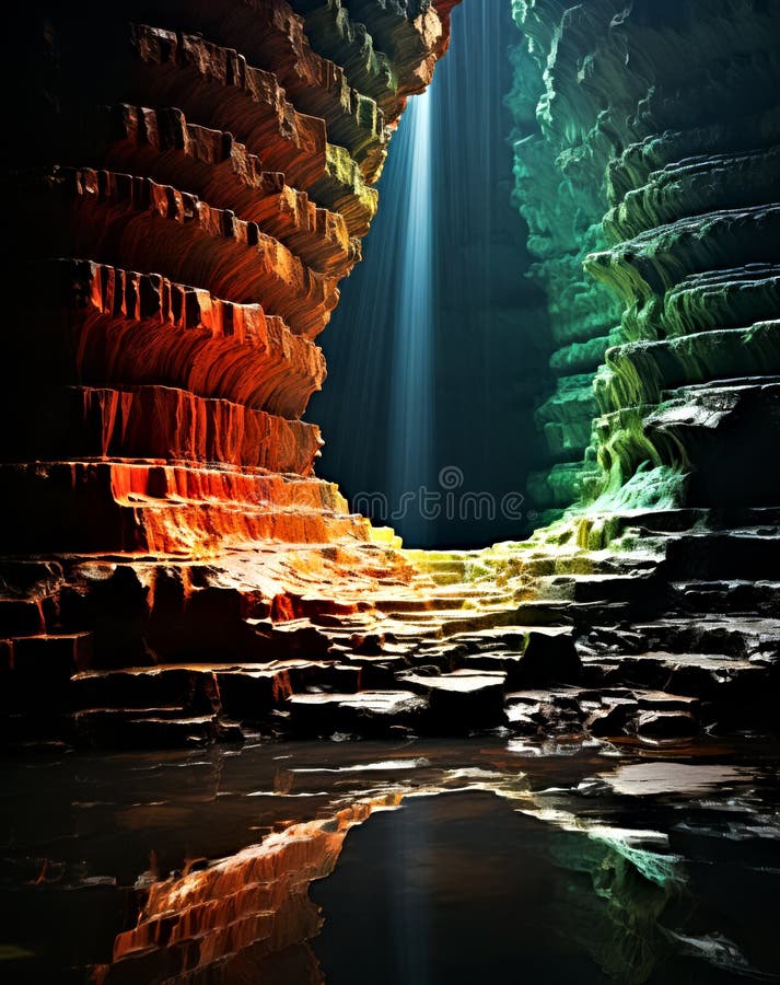 Vibrant Sandstone Cave with Dramatic Light Beams and Water Reflection ...