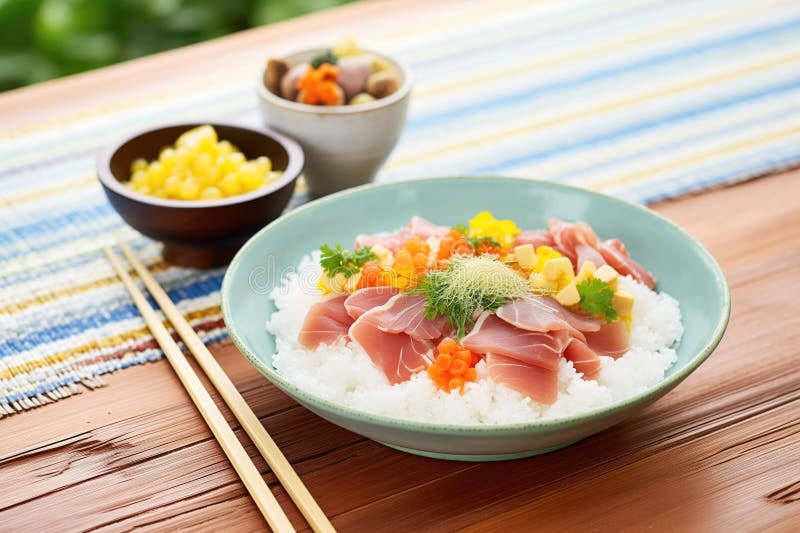 Vibrant Sashimi Array with Rice and Sesame Seeds, Ready To Taste Stock ...
