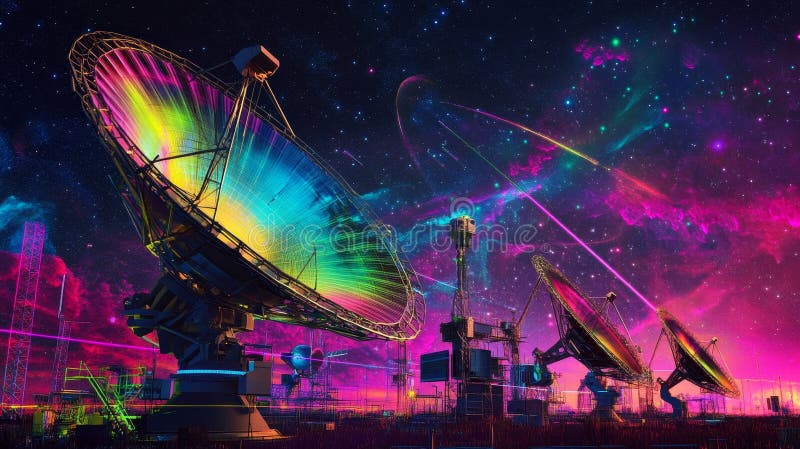 Vibrant Satellite Array Capturing Cosmic Signals Against a Starry Night ...