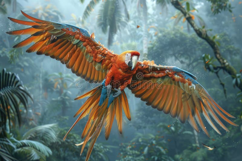 Vibrant Scarlet Macaw in Flight Over Lush Tropical Rainforest Stock ...