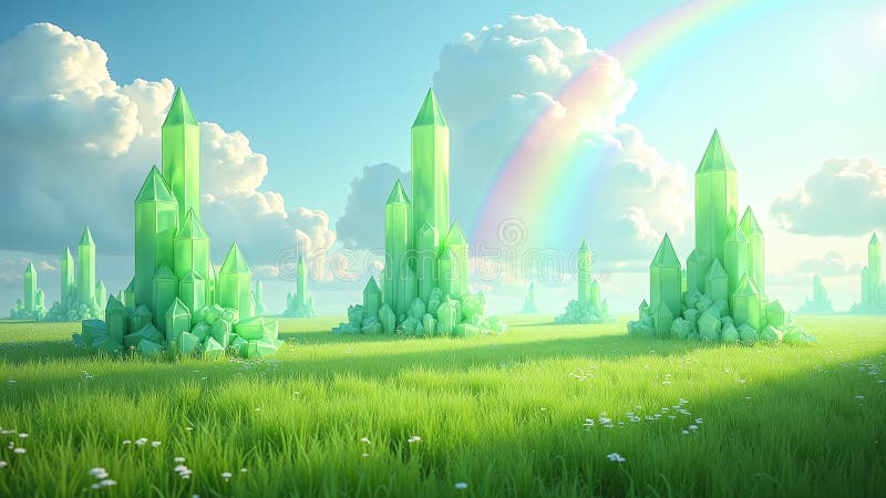 Green Crystal Structures in Grassy Field with Rainbow Stock ...