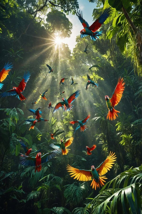 Vibrant Macaws in Flight through Lush Rainforest Canopy Stock ...