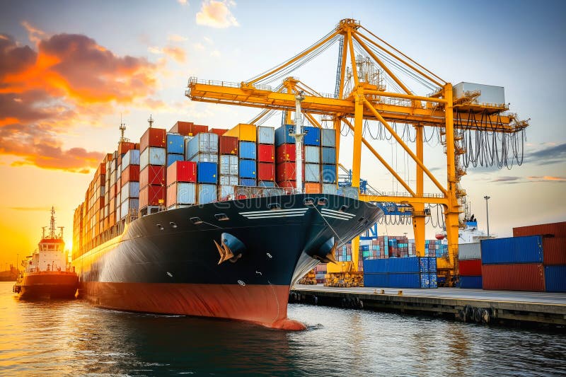 Vibrant Scene of a Container Ship and Crane Loading Goods at a Busy ...