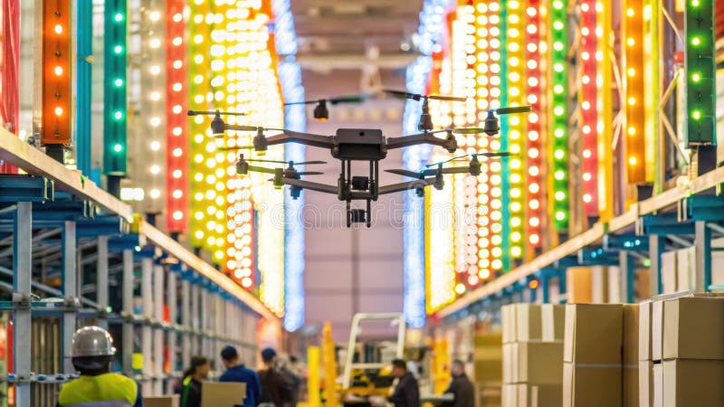 A Vibrant Scene of Drones Flying Above a Festive Warehouse Event ...