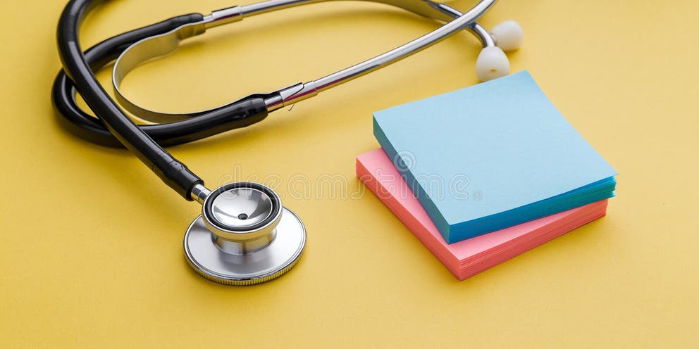 Medical Stethoscope and Colorful Post-it Notes on Yellow Background ...
