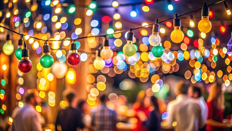 Festive String Lights Hanging Above a Crowd of People in a Blurred ...