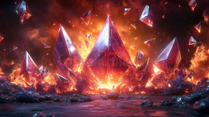 A Vibrant Scene Featuring Glowing, Crystalline Structures Amidst Fiery ...