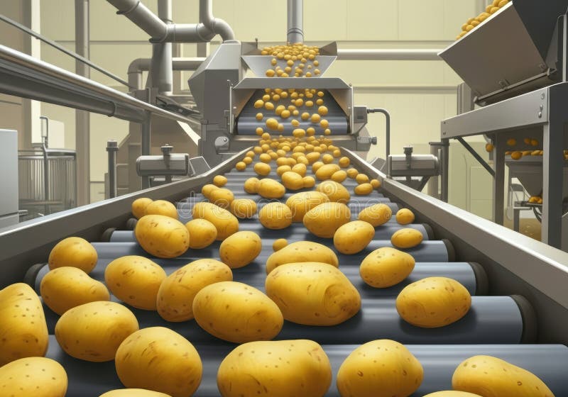 Potatoes Moving Along a Conveyor Belt in a Processing Facility Stock ...