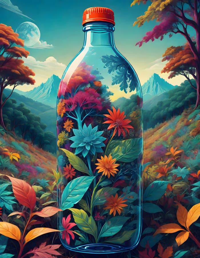 Vibrant Scene of Nature Encapsulated within Bottles in High Saturation ...