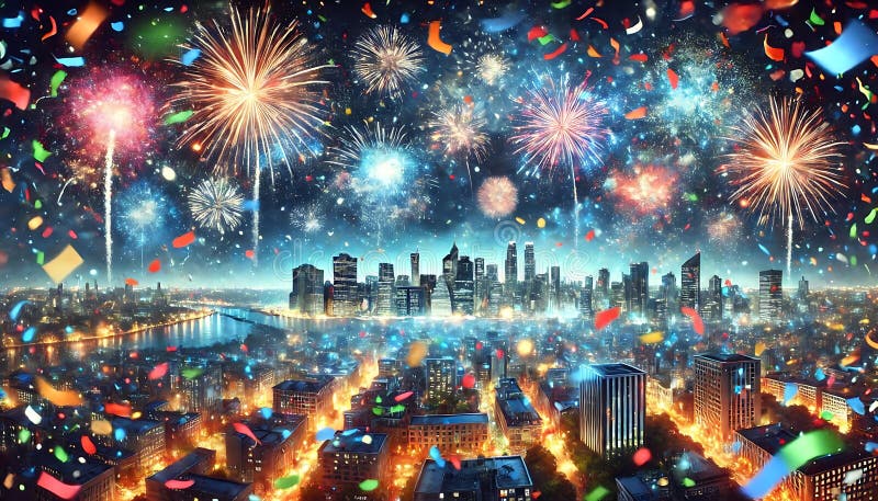 Vibrant Scene of Salutes Exploding in Night Sky, with Colorful Confetti ...