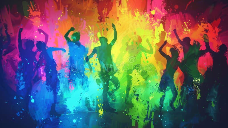 Group of People Dancing in Front of Rainbow Colored Background Stock ...
