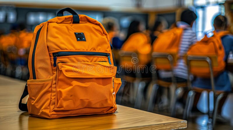 Vibrant School Backpack on Desk in Classroom with Blurred Children Back ...