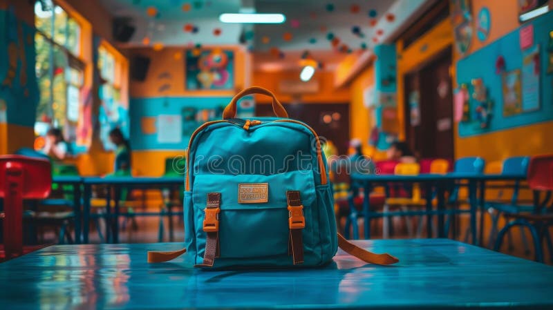 Vibrant School Backpack on Desk with Classroom of Children in Blur Back ...