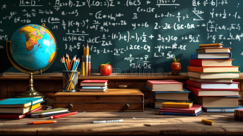 School Classroom Desk with Globe, Books, and Math Blackboard Stock ...
