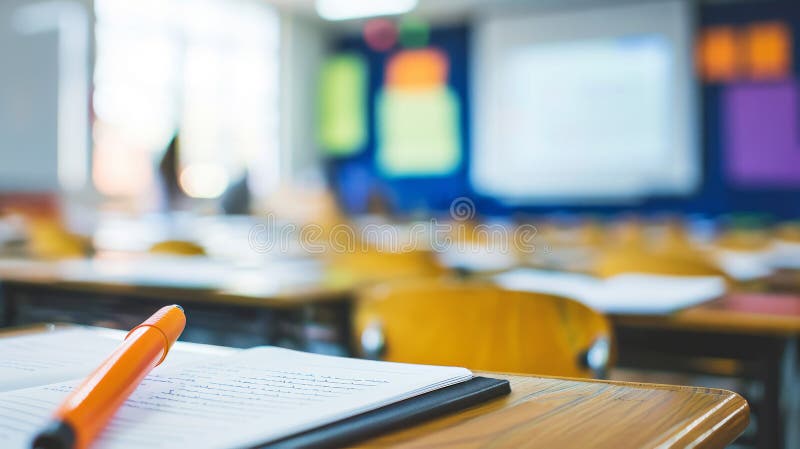 Vibrant School Setting with Notebook on Desk and Blurry Classroom ...
