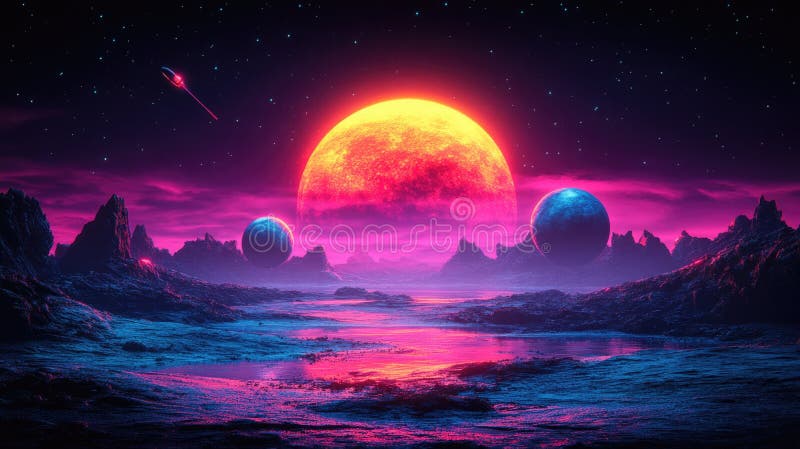 Vibrant Sci-fi Sunset with Planets and Meteor in Alien Landscape Stock ...