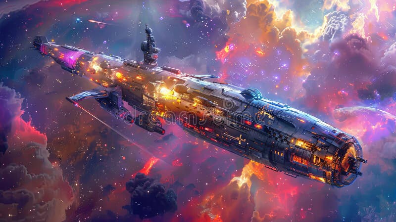 A Vibrant Science Fiction Scene Featuring a Large Spacecraft with ...
