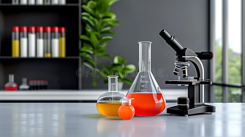 Science Lab Setup with Microscope and Glassware Stock Illustration ...