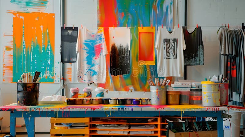 Vibrant Screen Printing Setup with Inks and Screens Stock Illustration ...