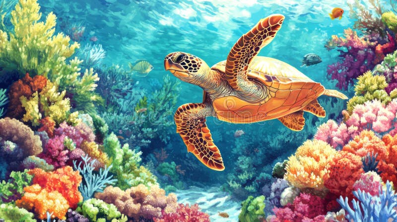 Vibrant Sea Turtle in a Colorful Coral Reef Stock Illustration ...