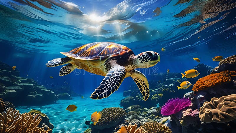 Vibrant Sea Turtle and Coral Reef Ecosystem Stock Illustration ...