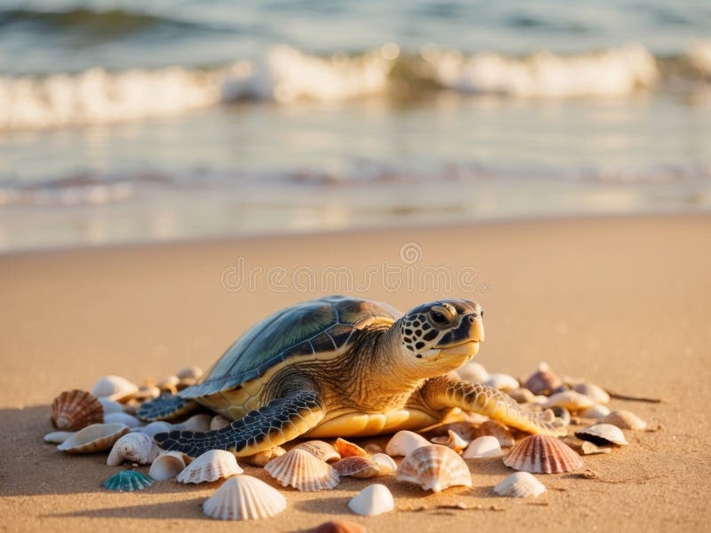 Vibrant Sea Turtle Resting on a Bed of Colorful Seashells on Sandy ...