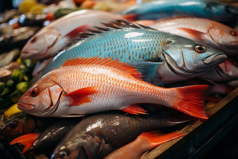A Vibrant Seafood Market Showcases an Array of Assorted Fish Stock ...